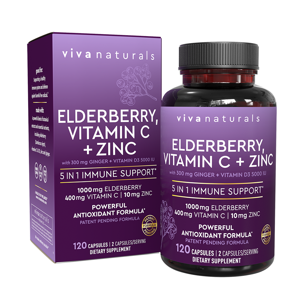 Viva Naturals Elderberry, Vitamin C + Zinc 5 in 1 Immunity Supplement